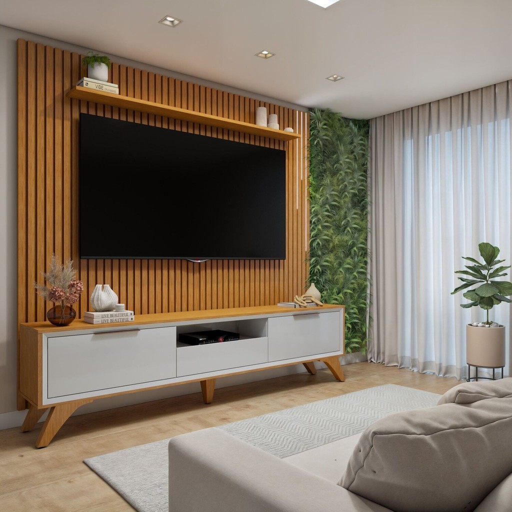 Conjunto Rack Áustria 220cm com Painel Ripado com Led para Tv de até 75 ...