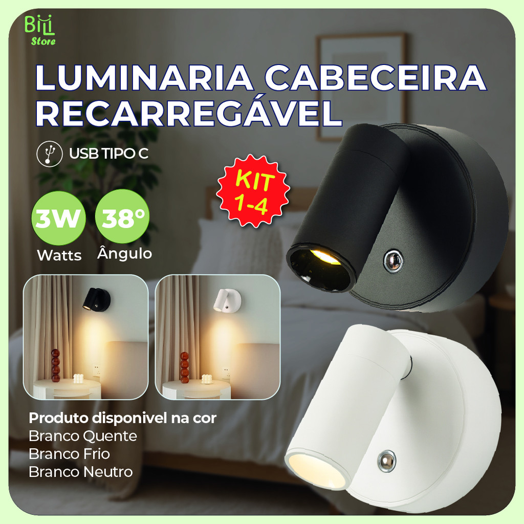 Kit 4 Arandela Spot Luminária Cabeceira Recarregável Led Redonda 3W com ...