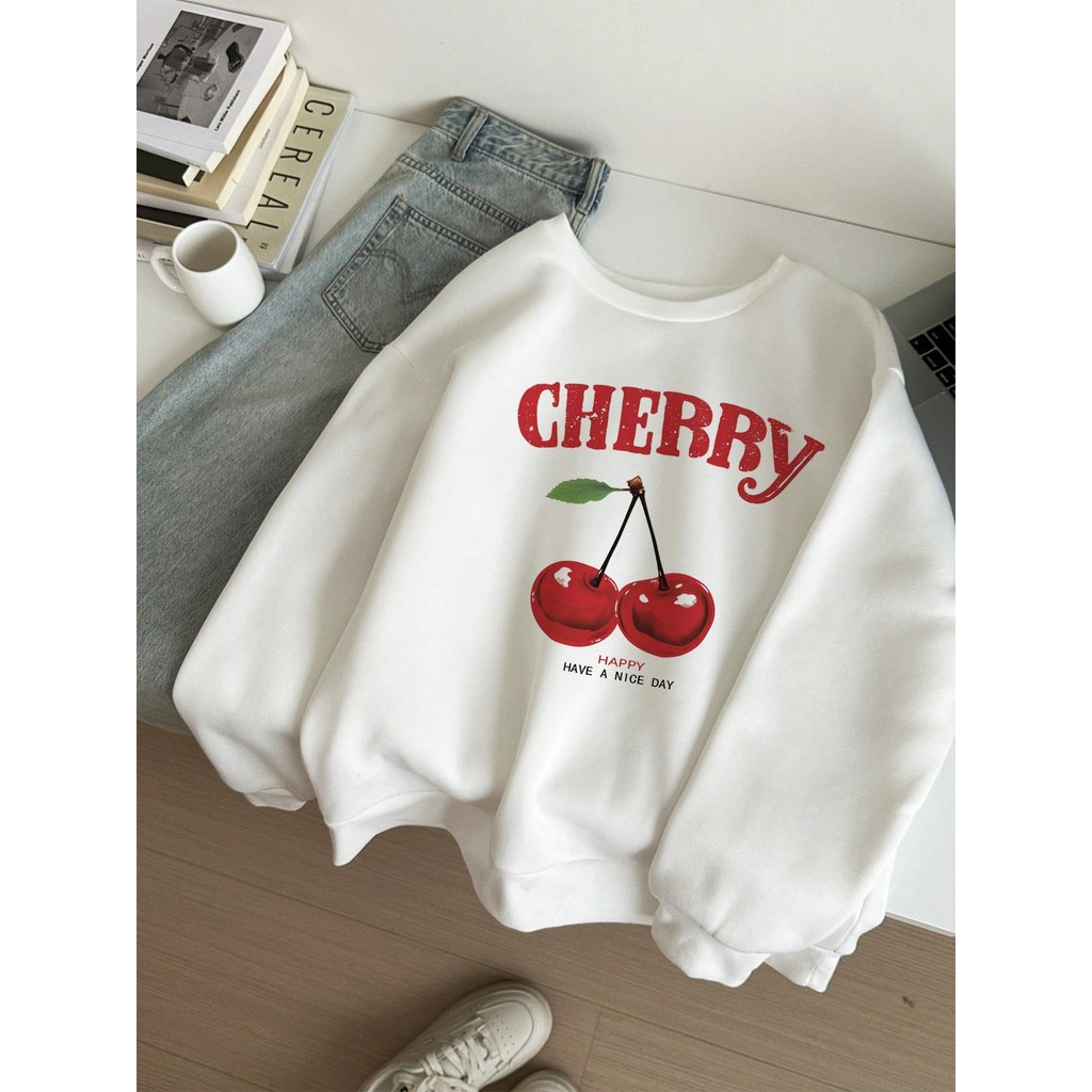 Moletom Feminino Casual de Gola Redonda, Estampada com Cherry | Shopee ...