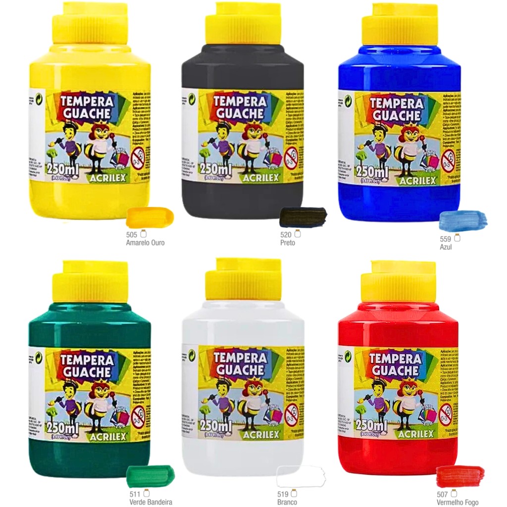 Kit 6 Potes Tinta Guache Tempera Escolar 250ml/cada Infantil Arte 6 ...