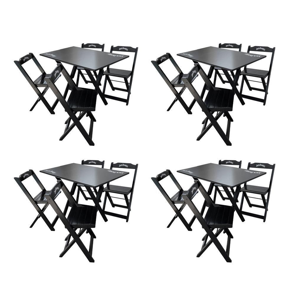 Kit 4 Conjuntos Mesa Dobrável Madeira 110x70 Com 4 Cadeiras Personalizada Jack Preta - Cor ...