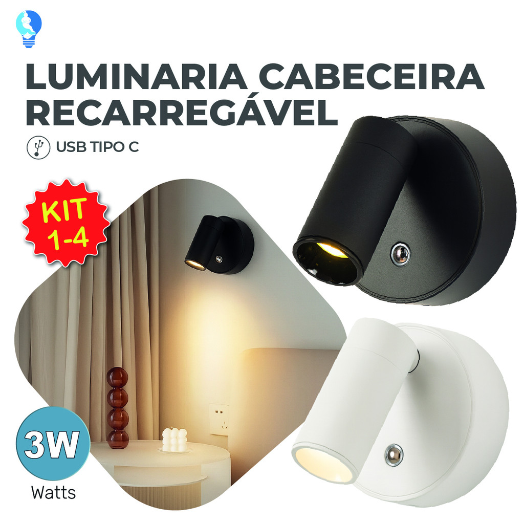 Arandela Spot Luminária Cabeceira Recarregável Led Redonda 3W com 3 ...