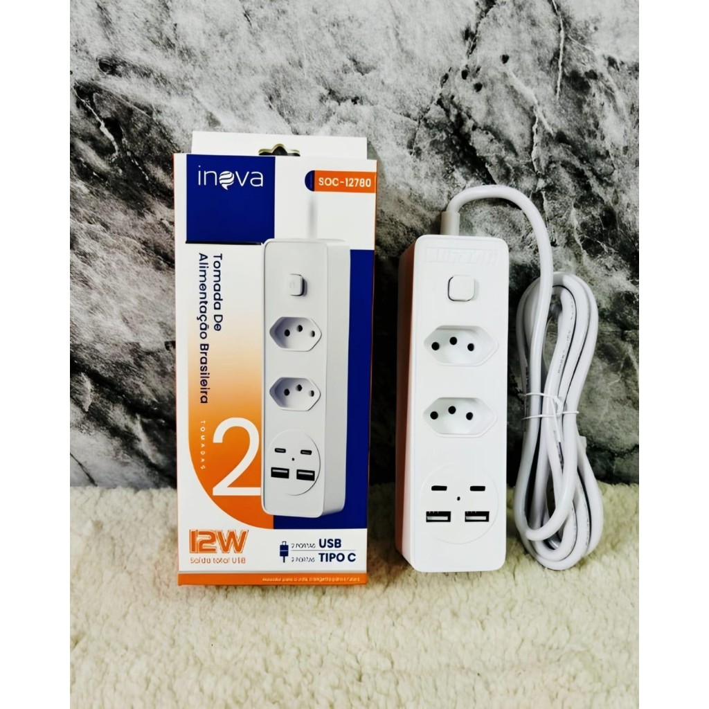 Tomada Extensão 2 Metros 2 Tomadas + 2 Tipo C + 2 USB Inova SOC-12780 | Shopee Brasil