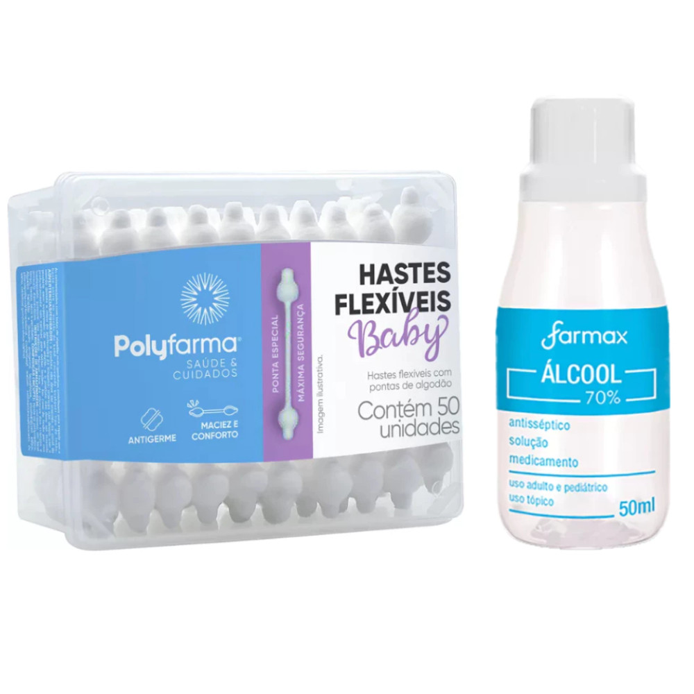 Kit Higiene Coto Umbilical Bebê Isababy/Polyfarma Haste Flexíveis e Álcool 70 %01% | Shopee Brasil