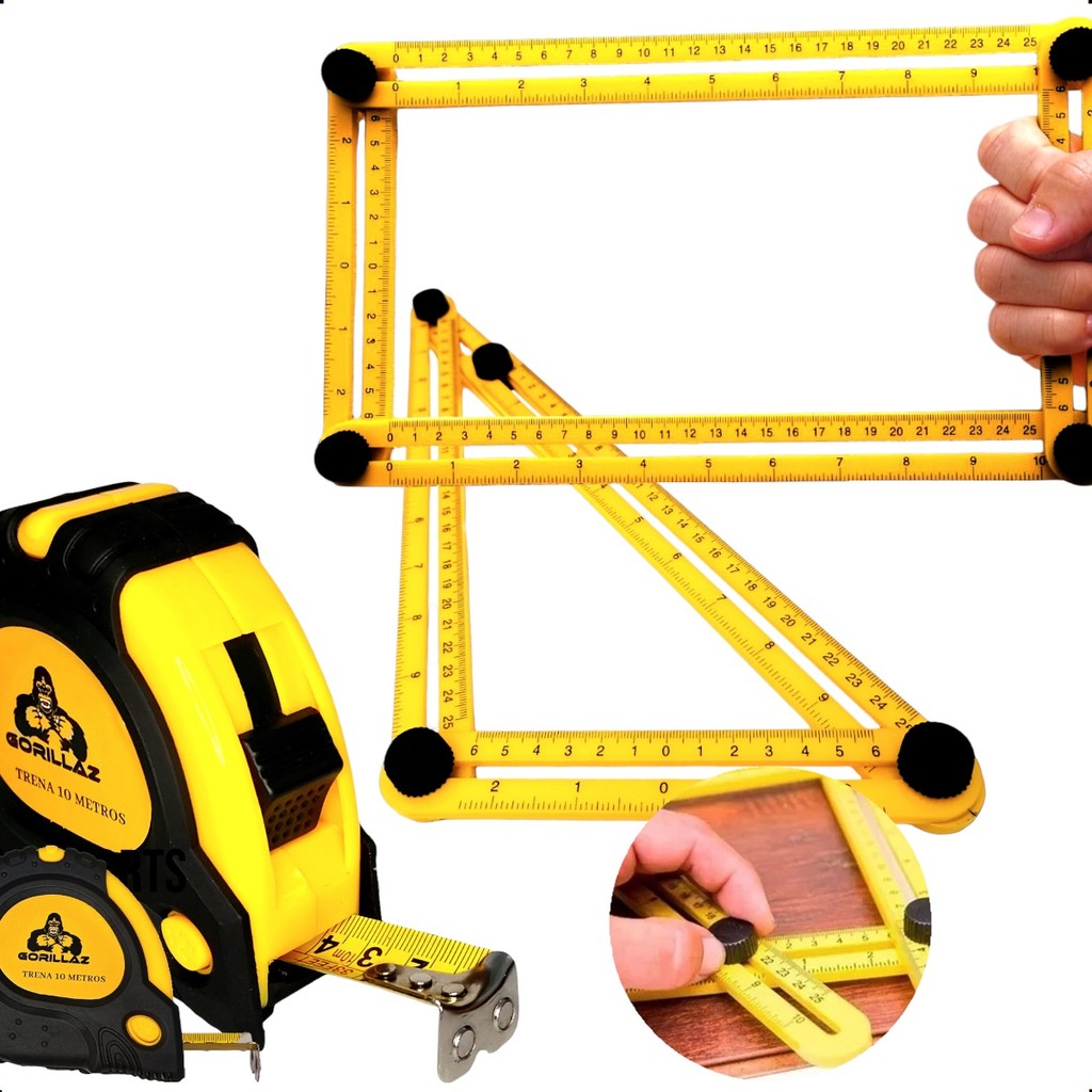 Jogo Esquadro Régua Medidora Multi Angulo + Trena Metrica 10m ...