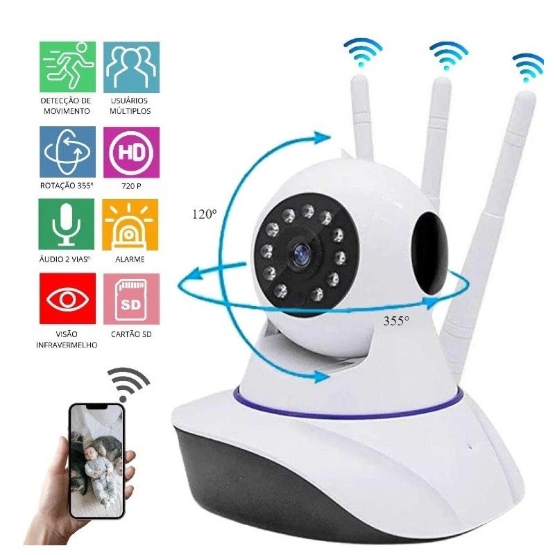 Câmera iP robô 3 antenas wifi visão noturna Alarme HD 360º Babá ...