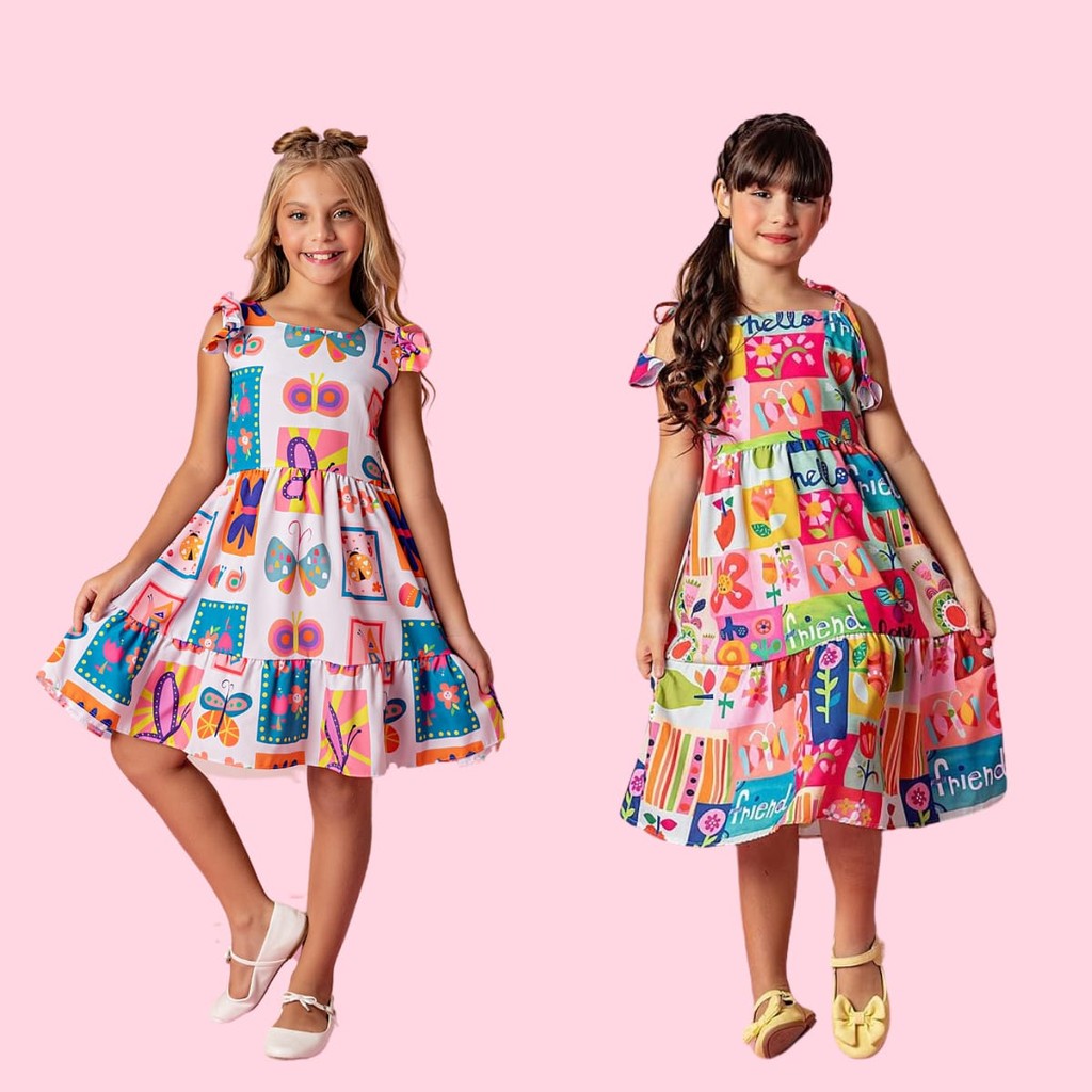 Kit 2 Vestidos Colorido Estampado Blogueirinha Infantil Festa Moda ...
