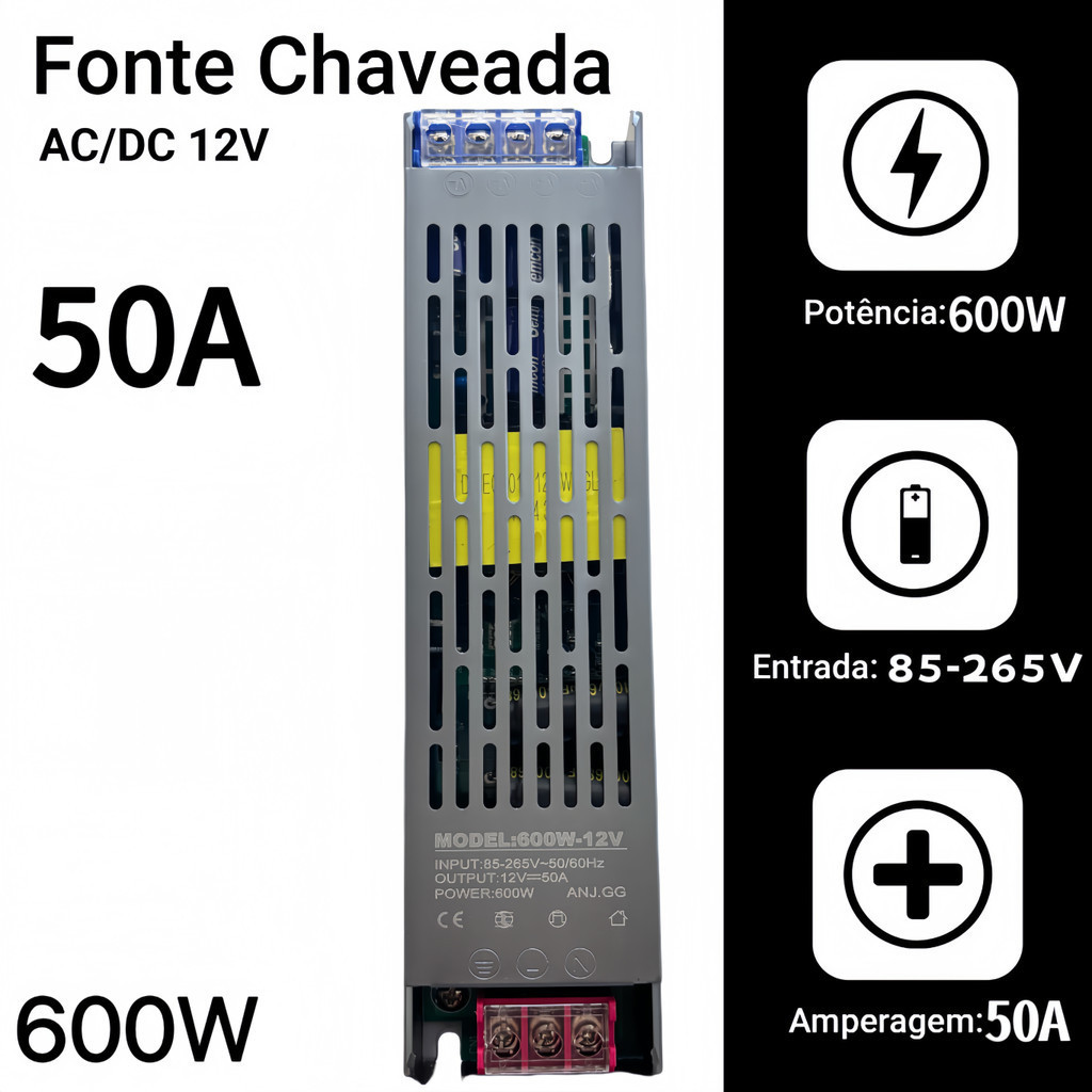 Fonte Chaveada Capa Preta 12v 50a 600w P/ Cftv Fita Led Som ALEX | Shopee Brasil