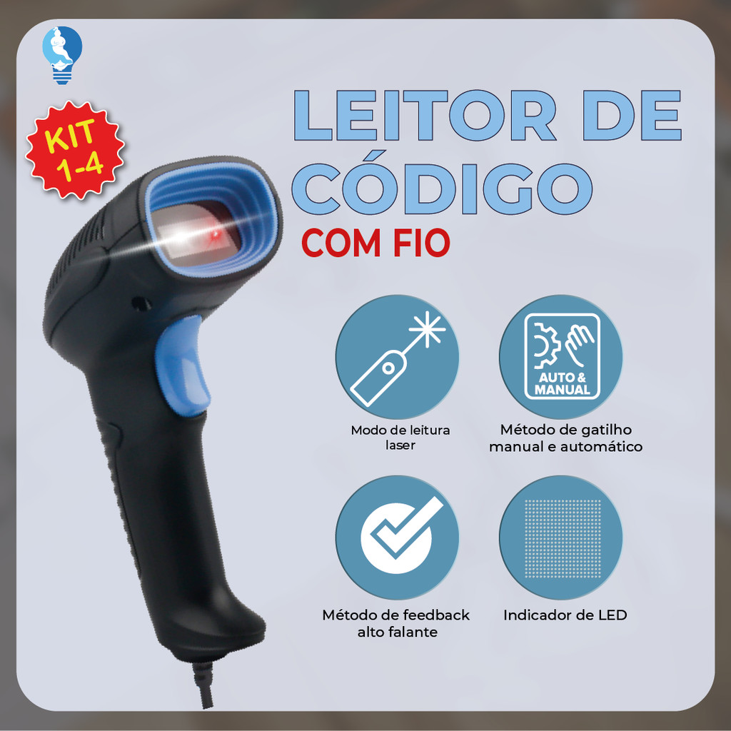 Kit 4 Leitor De Código De Barras Scanner Portátil Laser Com Fio USB ...