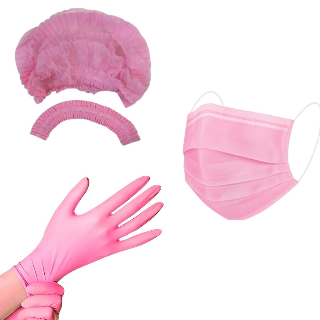 Kit Luva Nitrilica + Touca + Mascara Rosa - Poli | Shopee Brasil