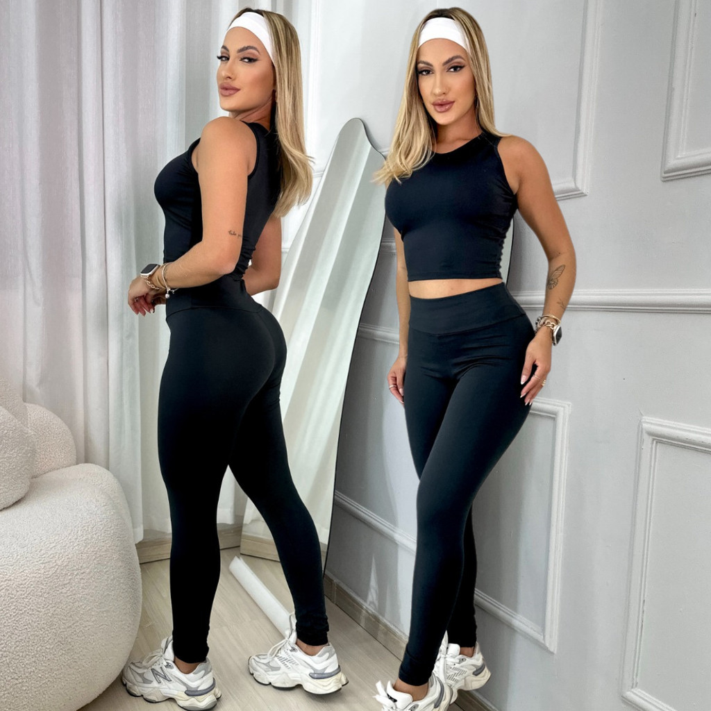 Conjunto Academia Fitness Calça Legging Cropped Top Básico Modelador ...