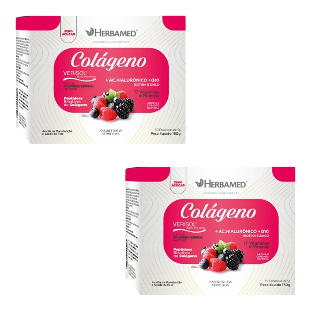 Kit Colágeno Herbamed Sabor Frutas Vermelhas 2 Caixas 30 Sachês 5g Cada ...
