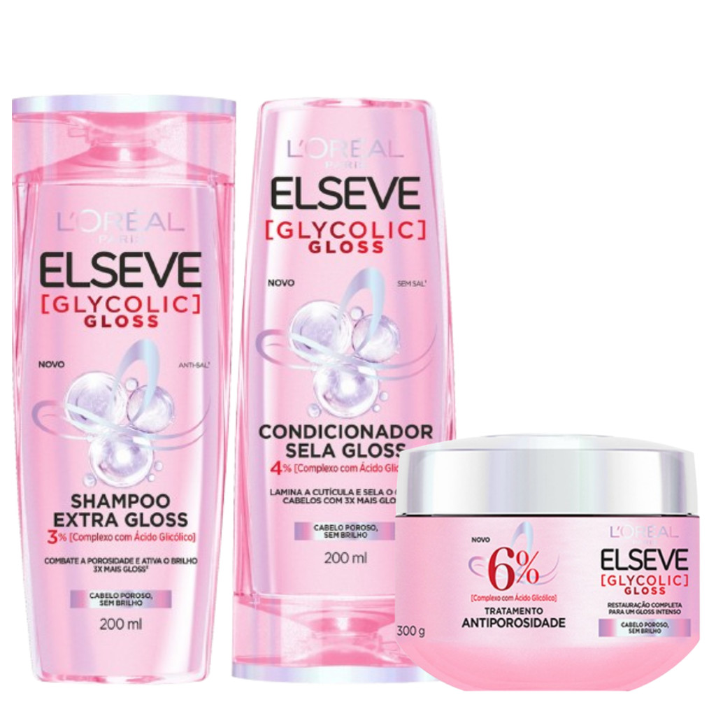 Kit Elseve Glycolic Gloss Total – Shampoo + Condicionador + Creme de ...
