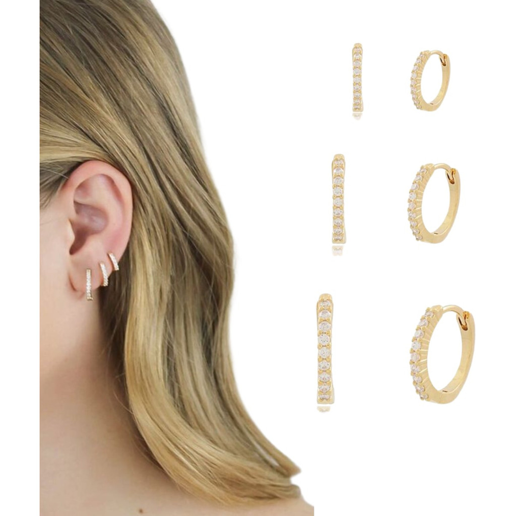 Kit Trio 3 Brinco Argolinha Cravejada Delicado Ouro 18k | Shopee Brasil