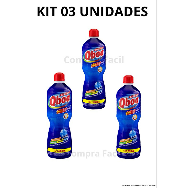 Kit com 03 Unidades de Qboa Cloro Gel 1L - Limpeza Eficiente e Prática ...