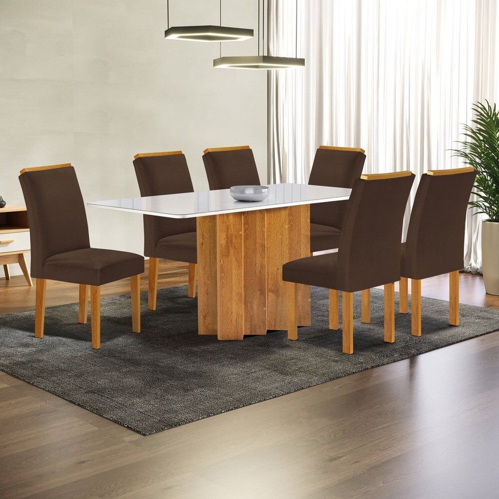 Conjunto Mesa Lorena 160cm X 80cm com 6 Cadeiras Luisa Tampo Londres com Vidro Cinamomo/Off ...
