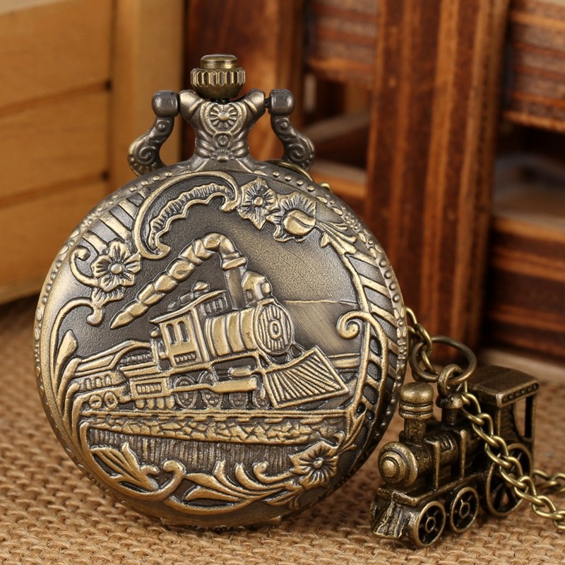Relógio De Bolso De Quartzo Bronze Vintage Trem Locomotiva Motor Colar ...