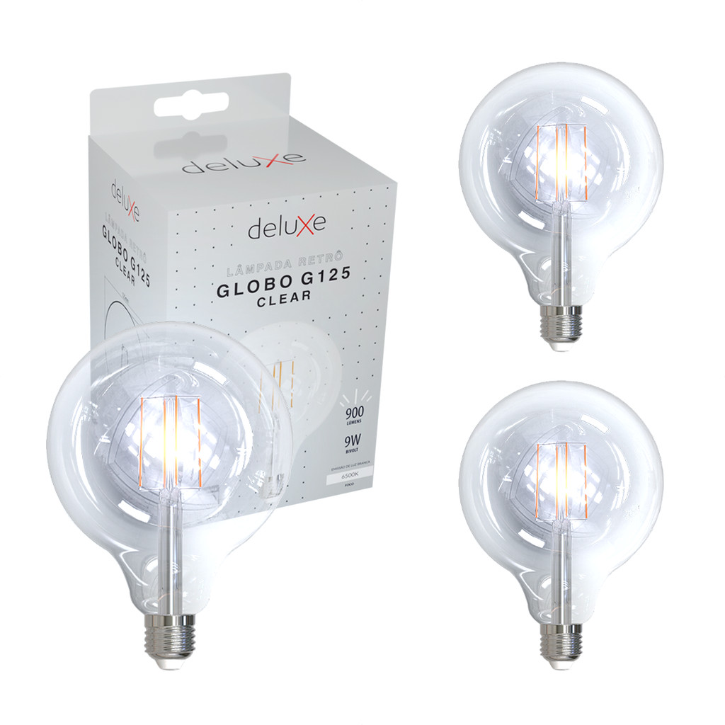 Kit 3 Lâmpada de Led Filamento Retro Globo Clear G125 9W 6500K E27 ...