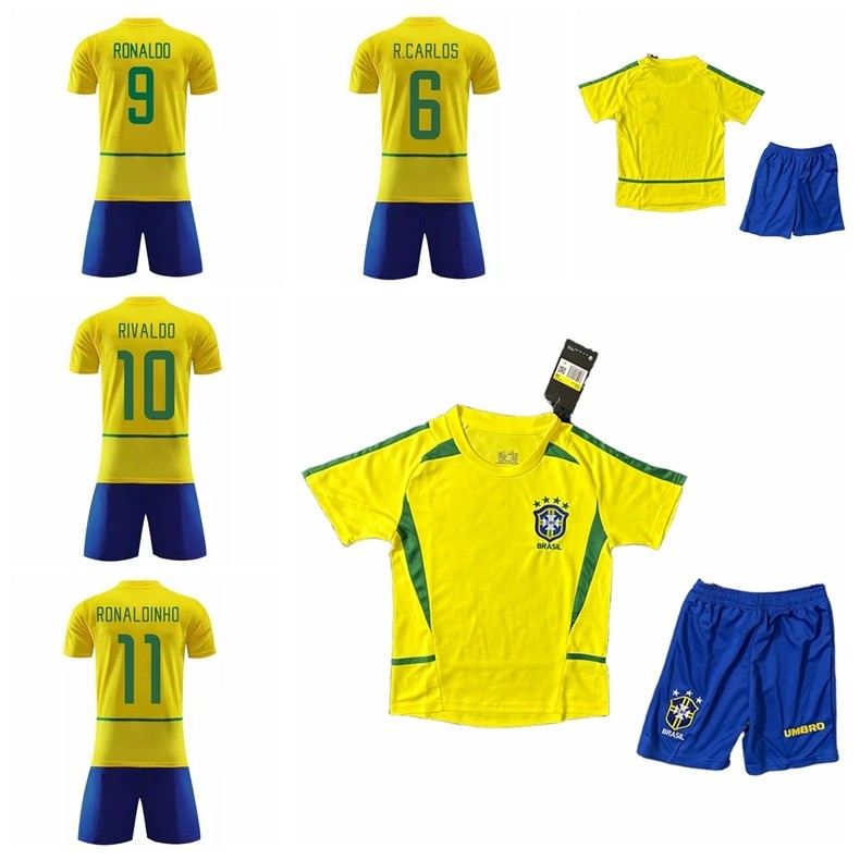 2002 Brasil Retro Home Football Kids Jersey Kit Roberto Carlos Ronaldo ...