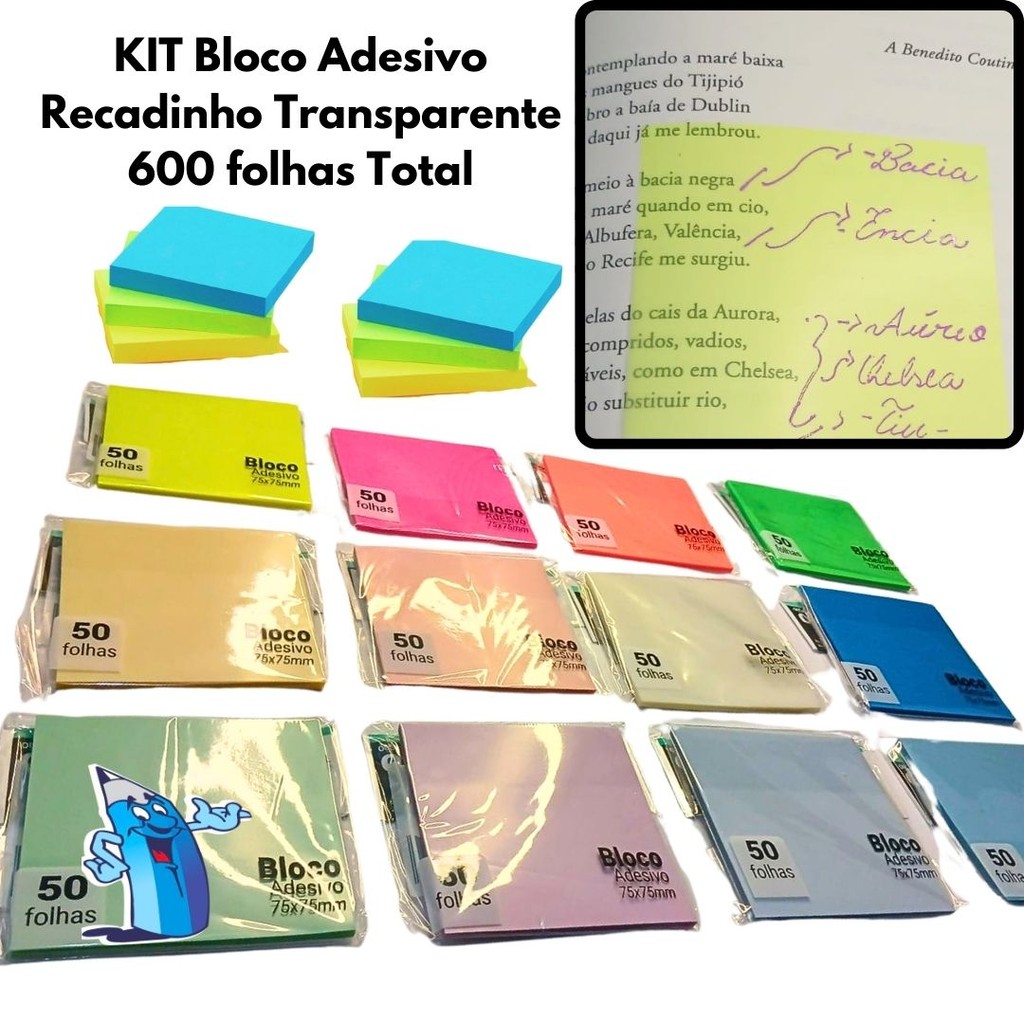 Kit 12 Bloco Adesivo Recadinho Postite Transparente Pastel e Neon ...