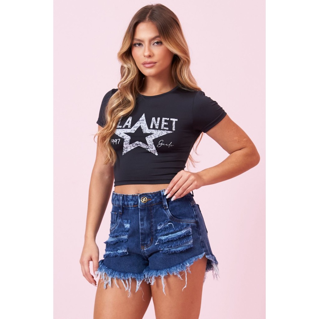 Camiseta Feminina Cropped Basic Planet Girls Preto | Shopee Brasil