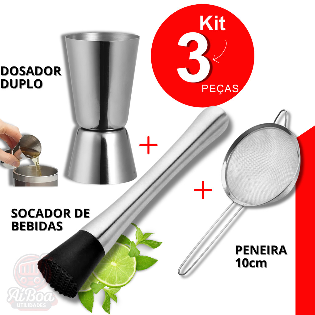 Kit Coquetel Inox - Dosador Duplo + Socador de Bebidas + Peneira 10cm ...