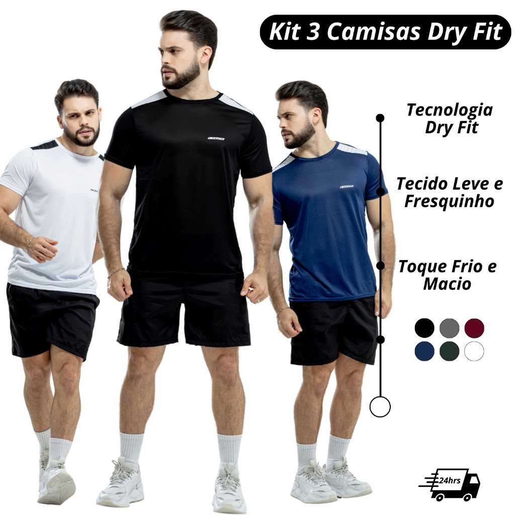 Kit 3 Camisas Dry Fit Masculino Academia Tecido Leve Musculação e ...