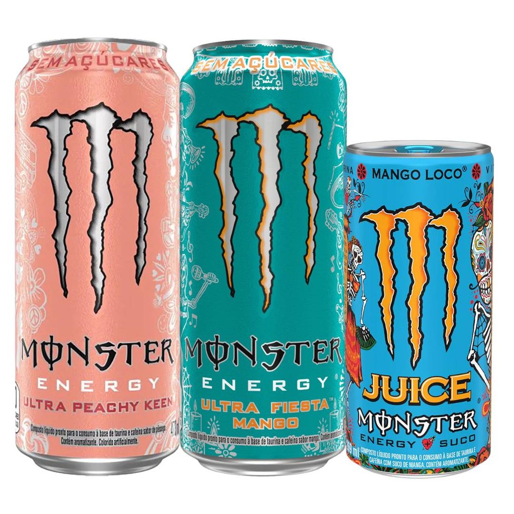 Kit Energético Monster Energy Mango Loco Mini 269ml + Ultra Peachy Keen + Ultra Fiesta Mango Sem ...