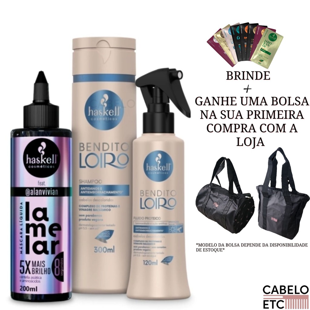Kit Shampoo + Fluido proteico Bendito Loiro + Máscara Liquida lamelar - Haskell | Shopee Brasil
