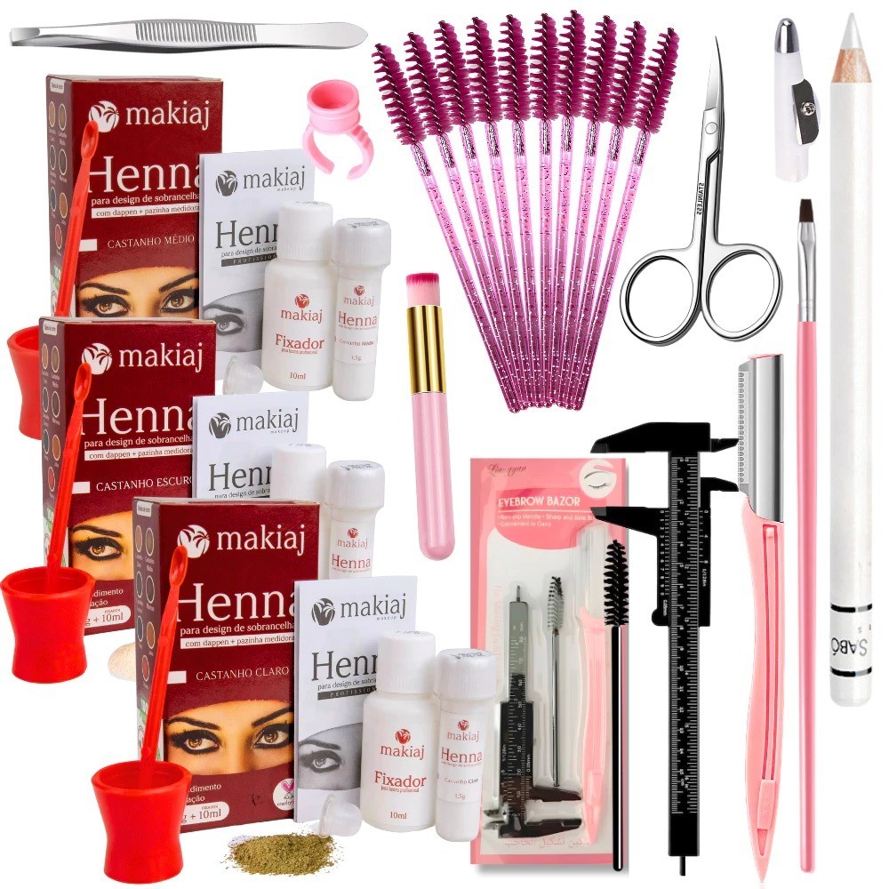 Kit Sobrancelha Design + 3 Henna Makiaj + Tesoura + Navalha | Shopee Brasil