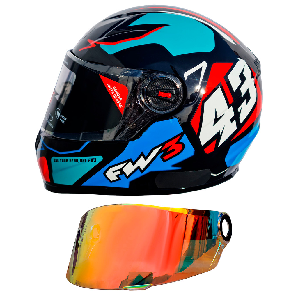Capacete Moto Fw3 Gtx 43 Azul Vermelho Oculos Interno Top + Viseira ...