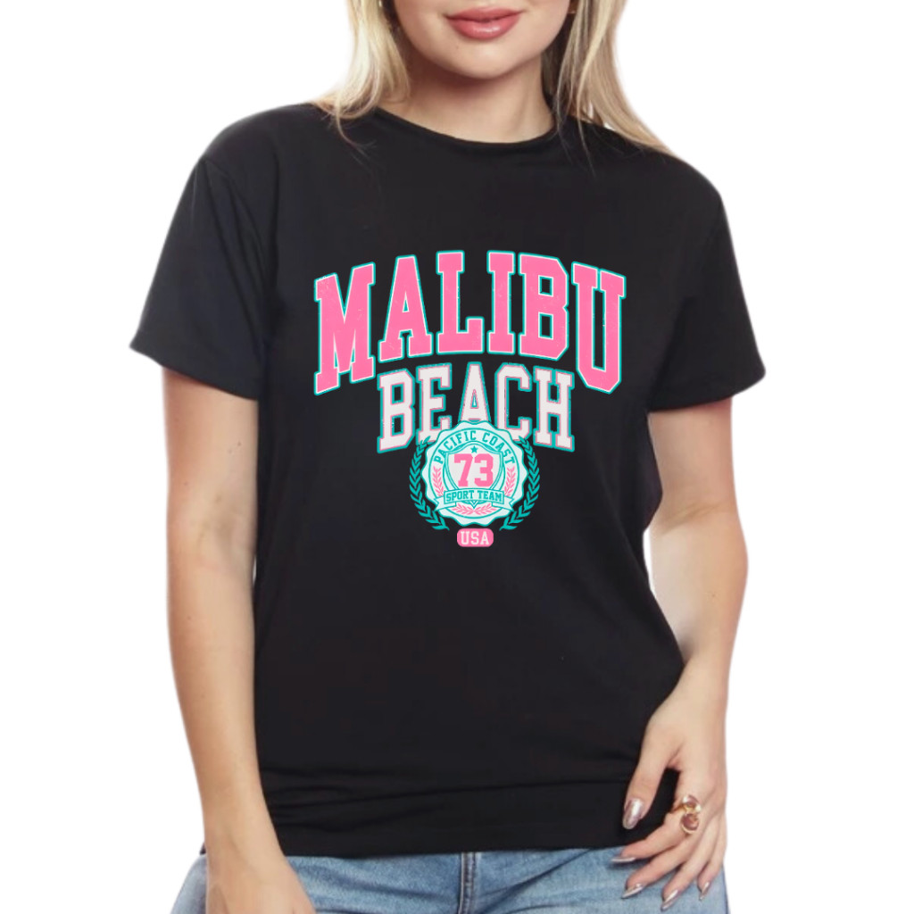 Camiseta Baby Look T-Shirt Cor Preta Modelo: "Malibu Beach" BAB-1062-PT via sul | Shopee Brasil