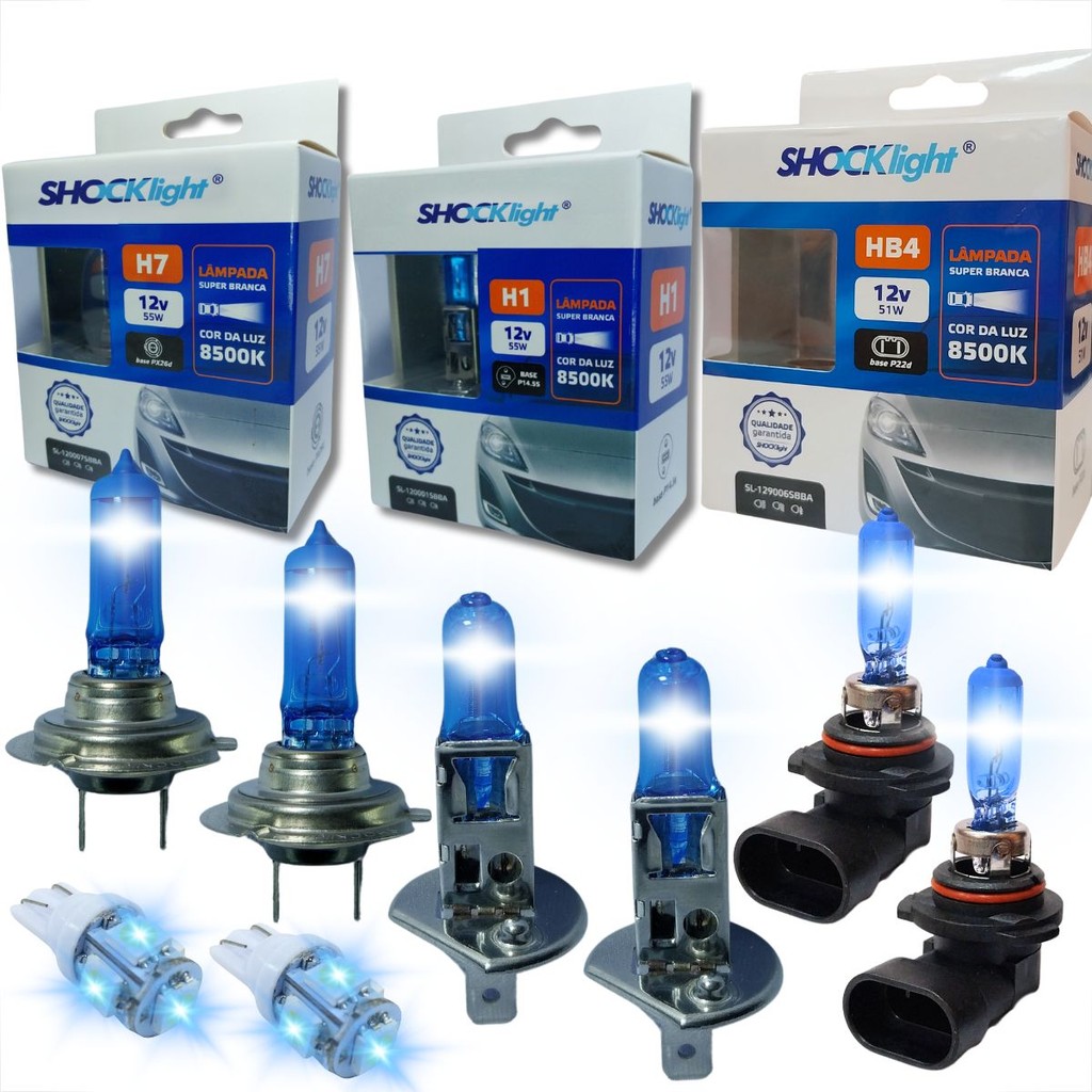 KIT LÂMPADA SUPER BRANCA FAROL ALTO FAROL BAIXO MILHA E LANTERNA H1 H7 HB4 T10 DUPLO FOCO ...