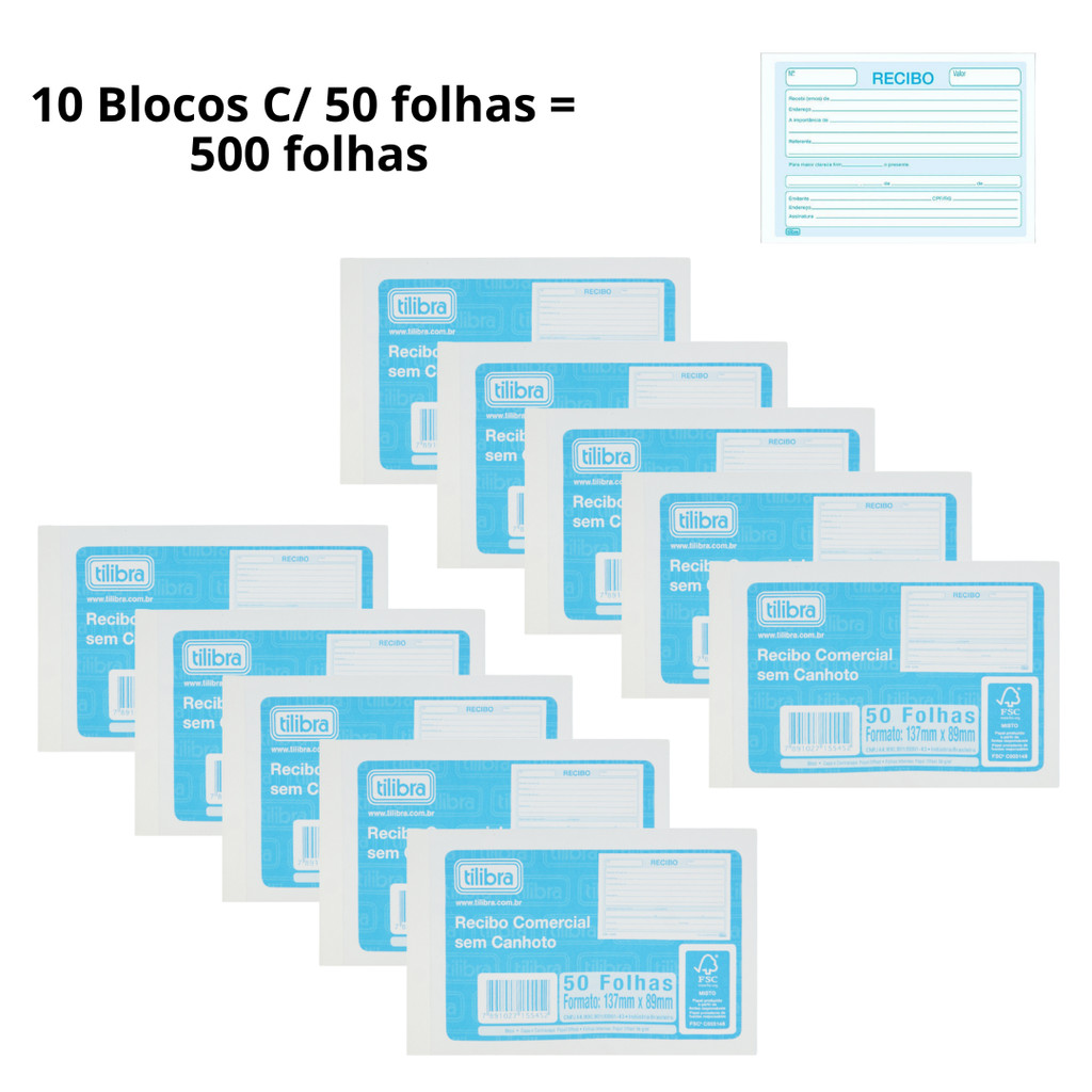 Kit 10 Bloco Recibo Comercial Sem Canhoto Pequeno 50 Folhas 5454 Tilibra - 500 Folhas Totais ...