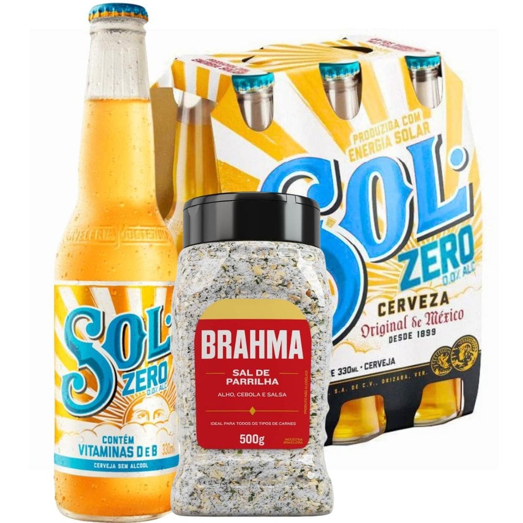 Kit Churrasco Caixa 6un Cerveja Sol Zero Álcool Sem Glúten 330ml + Sal Parrilla Brahma 500g Alho ...