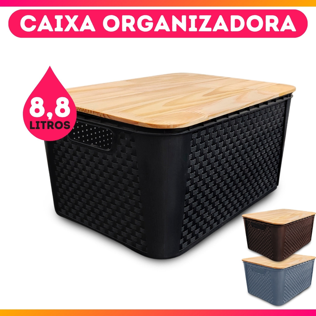 Caixa Cesto Organizador Trama Rattan 8,8 Litros Preta Marrom Cinza Com ...