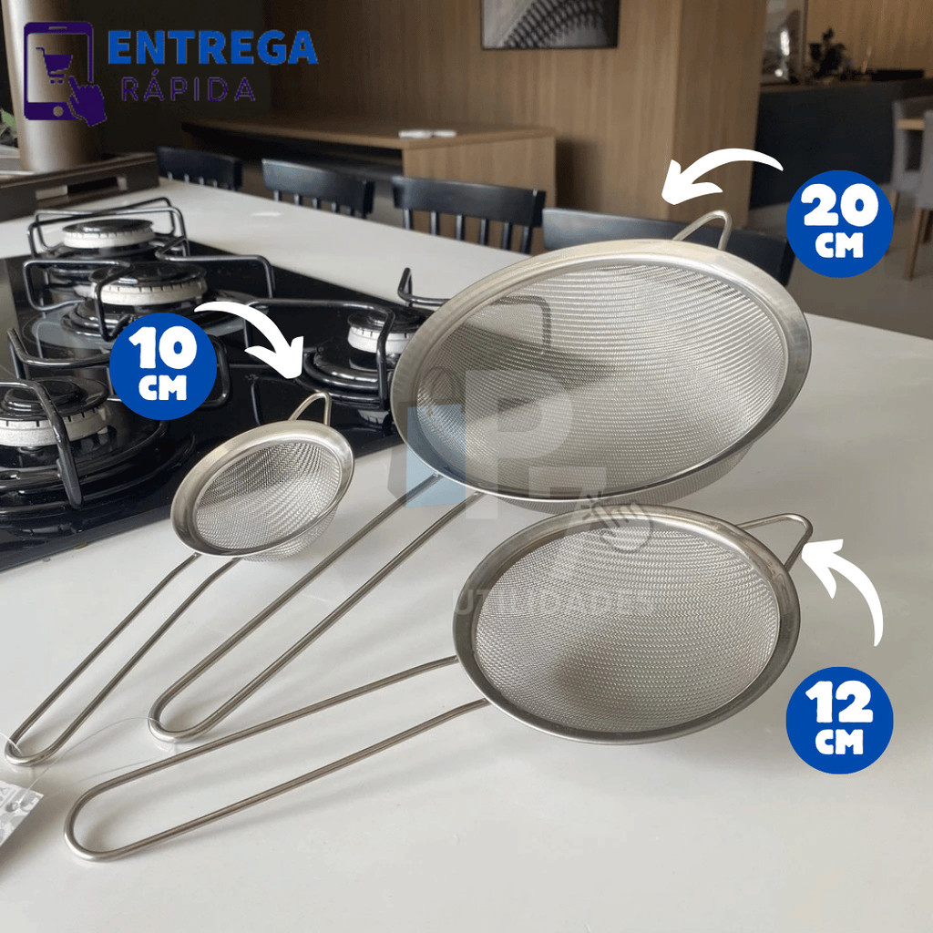 Kit 3 Peneiras de Cozinha em Aço Inox de 10cm 12cm E 20cm Utensílios ...