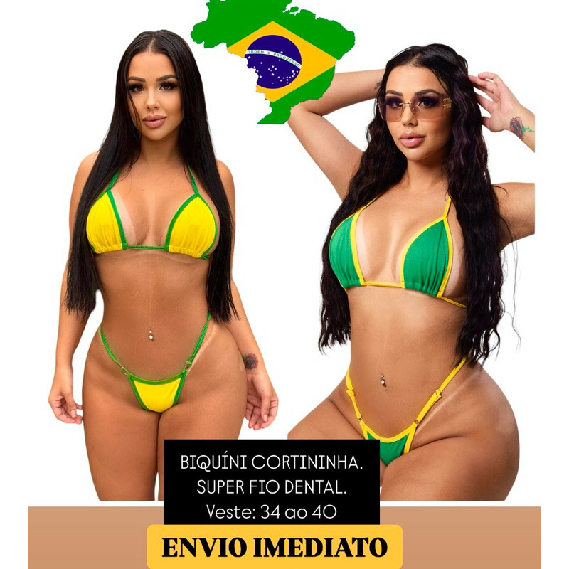 Biquíni Brasil Moda Gringa Fio dental Biquini Cortininha Brazil Copa do Mundo | Shopee Brasil