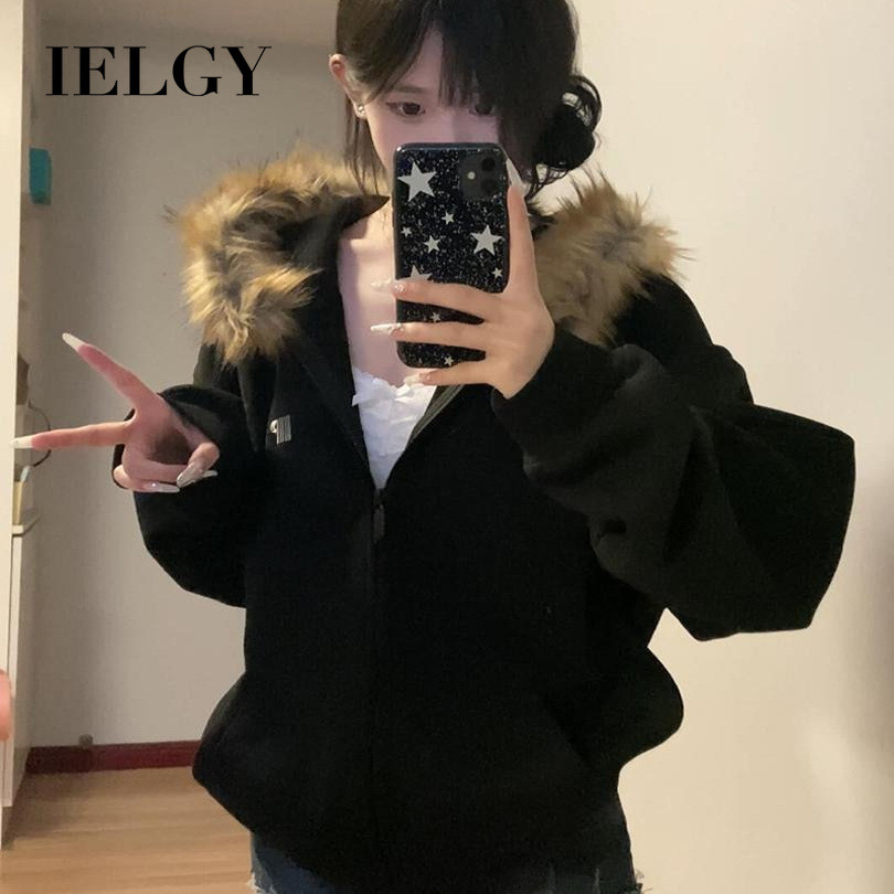 IELGY Jaqueta Feminina Estilo Americano Com Gola De Pele patchwork E Zíper Capuz | Shopee Brasil