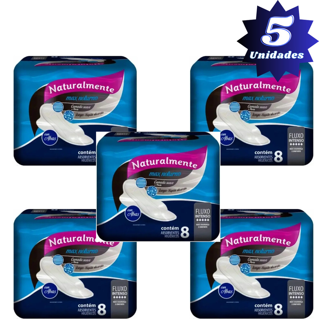KIT 5 ABSORVENTE NOTURNO NATURALMENTE LONGO COM ABAS CONTÉM 8 UNIDADES ...