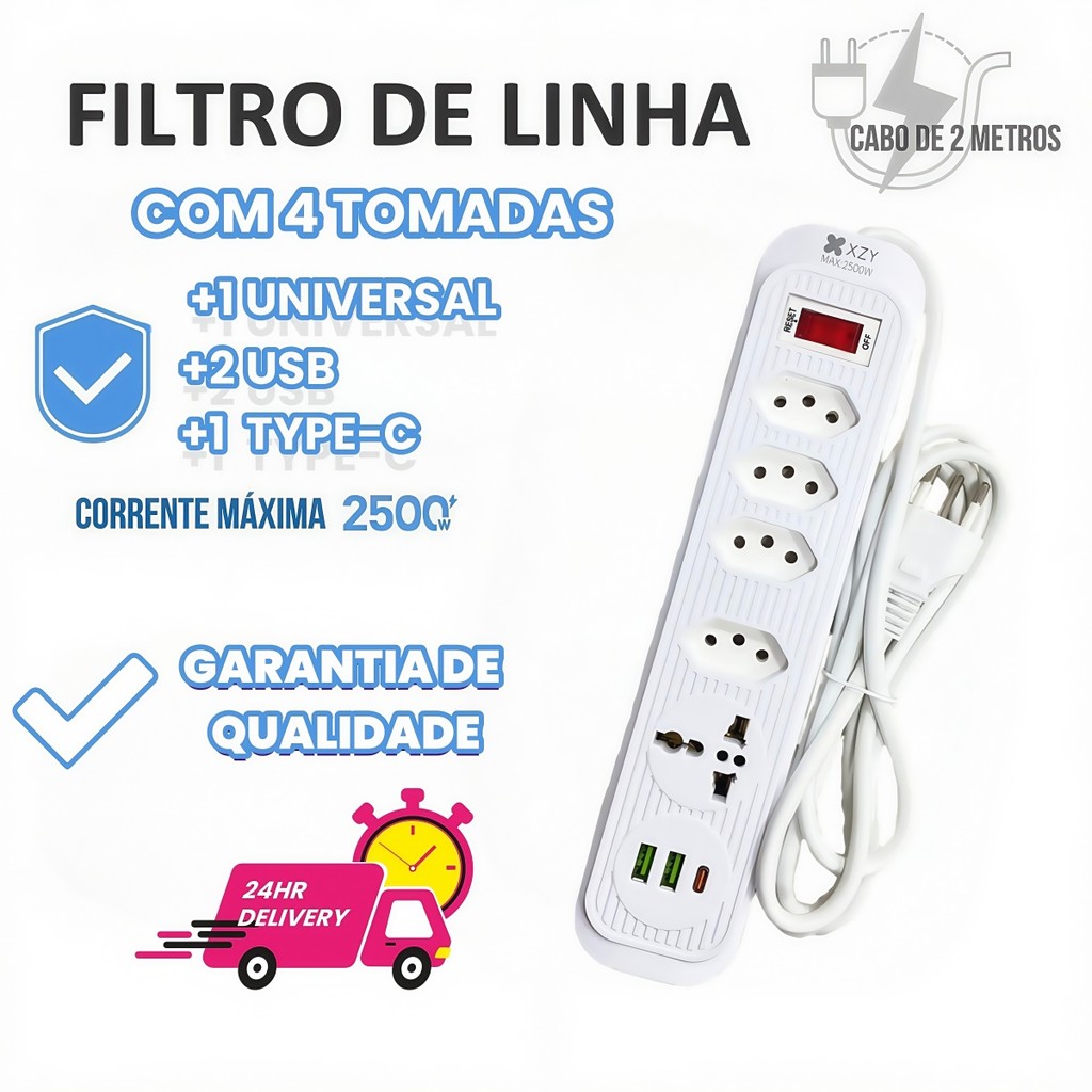 Extensão Elétrica 2 Metros com 4 Tomadas, USB, Type-C, Bivolt (110V/220V) 10A - Diversos Modelos ...