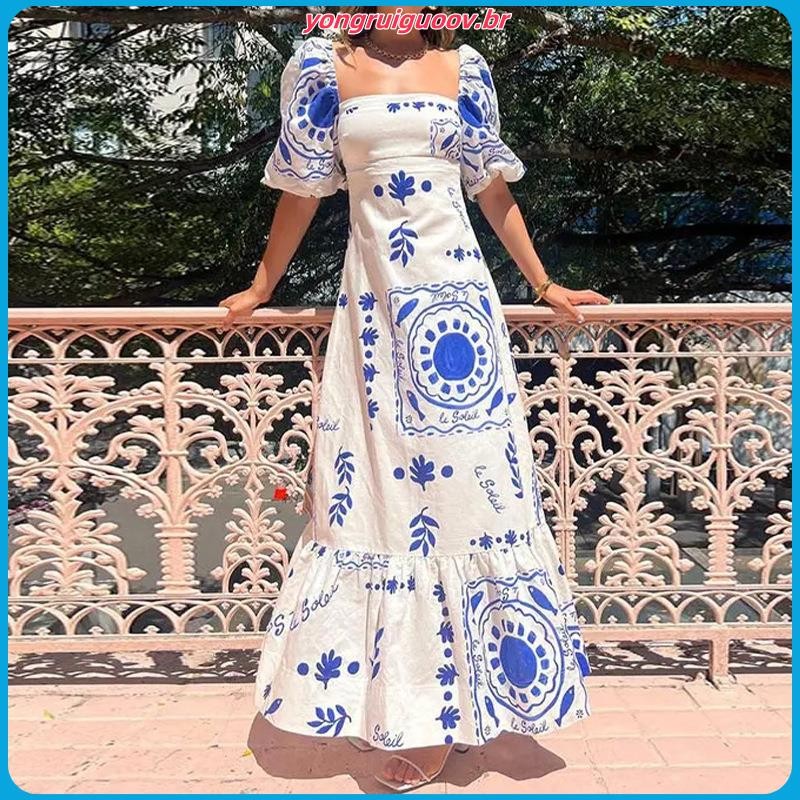 Mulher de verão temperamento elegante e moda estampa lanterna de gola ...