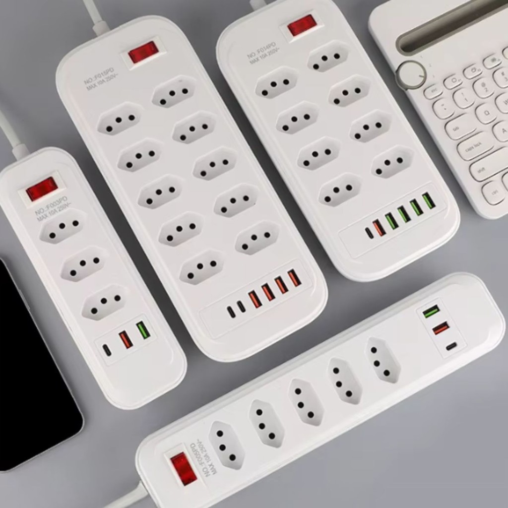 Extensão Filtro de Linha 3/4/5/6/8/10 Tomadas Entrada USB e Tipo-C Extensão Elétrica 2 Metros ...