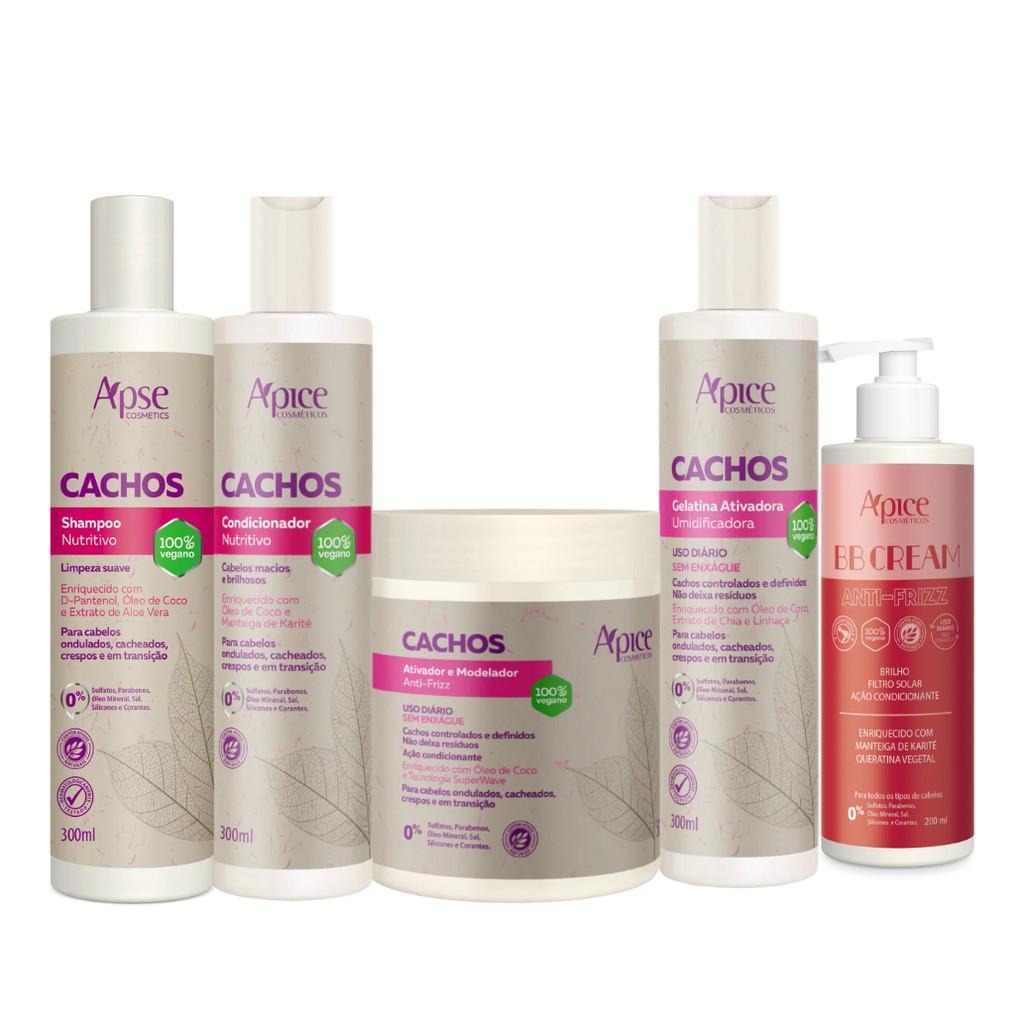 Kit Apse Cachos Shampoo + Condicionador + Ativador + Gelatina + BB Cream 5 itens | Shopee Brasil