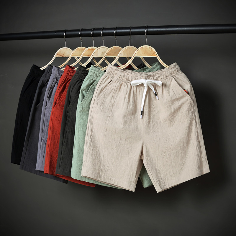 Verão novo calções de linho casuais para homens com cintura elástica e ...