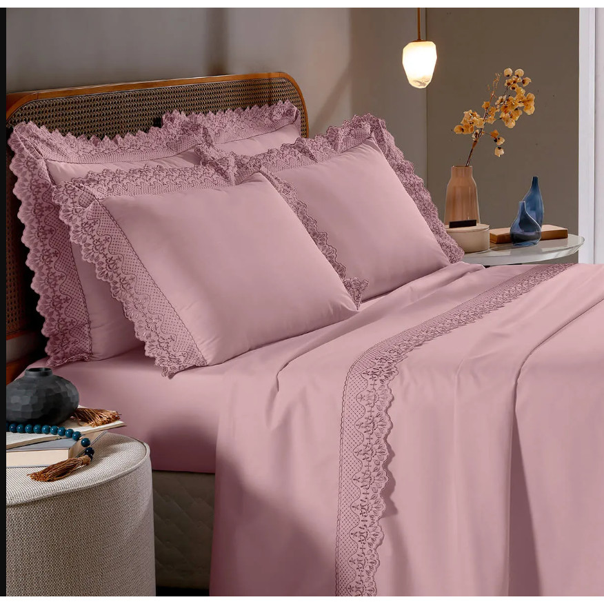 Jogo Casal Percal Com Renda gerusa 200 Fios 100%Agoldão - BUETTNER-Rosa ...
