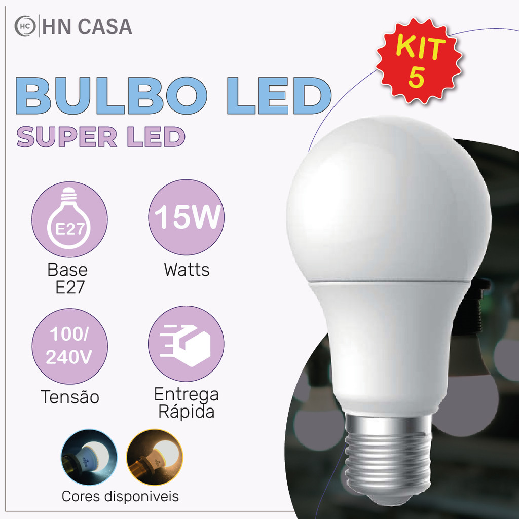 Kit 5 Lâmpada Led Bulbo 15w Branco Frio 6.500K (Luz Branca) | Branco Quente 3.200K (Luz Amarela ...