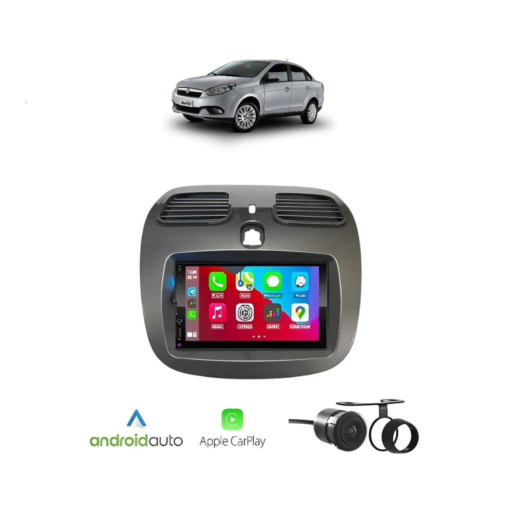 Kit Multimídia Grand Siena 2012 / 2020 Mold Champanhe 7 Pol CarPlay AndroidAuto Sem Fio - 8100 ...