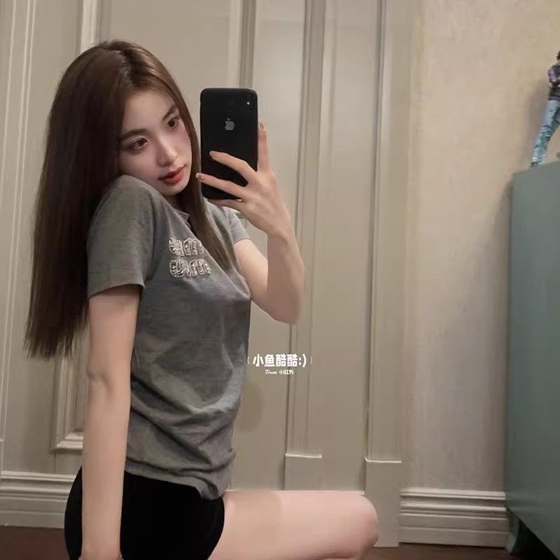 Mumu 2024 Verão Novo Estilo Street Wear Carta Diamante Slim Manga Curta | Shopee Brasil