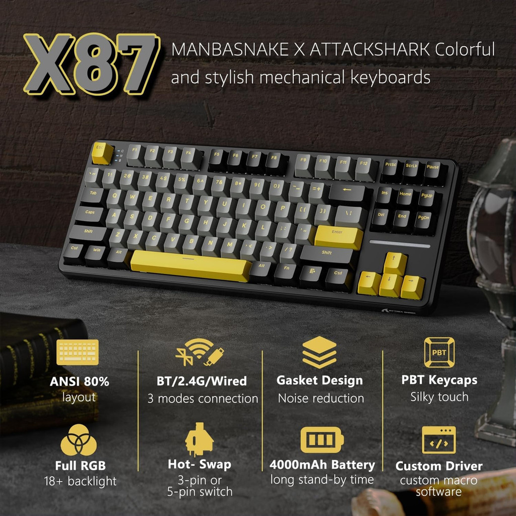 Teclado Mecânico Sem Fio Para Jogos ATTACK SHARK X87 , Tri-Modo BT5.0/2.4 Ghz/USB-C Junta ...
